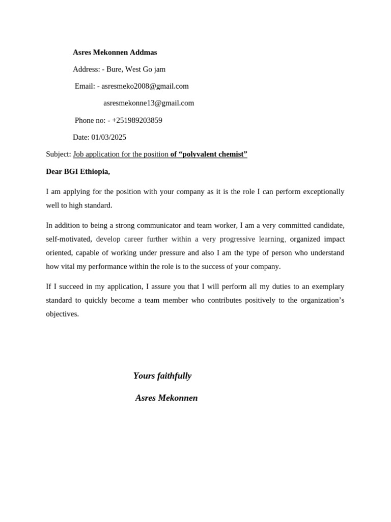 Cover Letter Asres | PDF