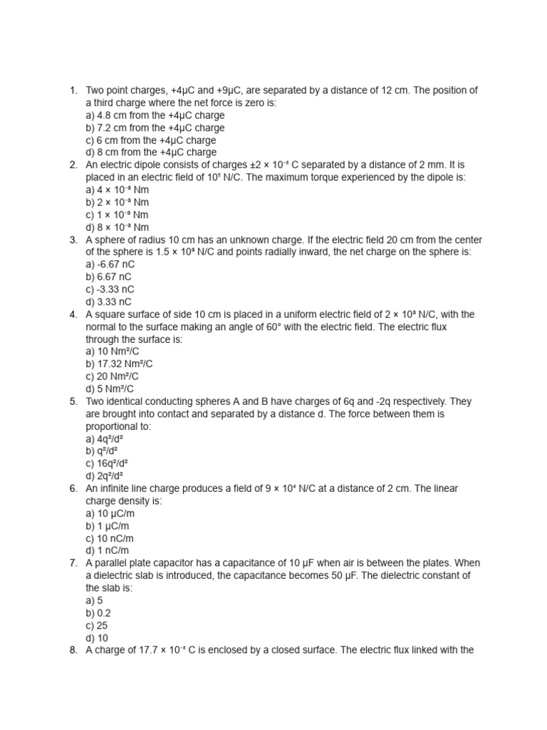 Numerical MCQ Questions | PDF | Capacitance | Capacitor