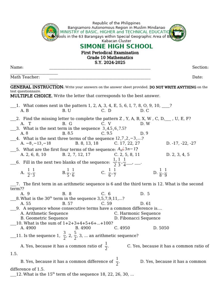 441968466-Grade-10-with-TOS-1st-Quarter-Exam 2024 | PDF | Trigonometric ...