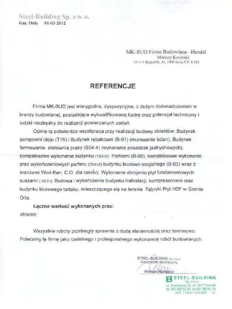 Referencje: Steel-Building Sp. Z 0. o | PDF