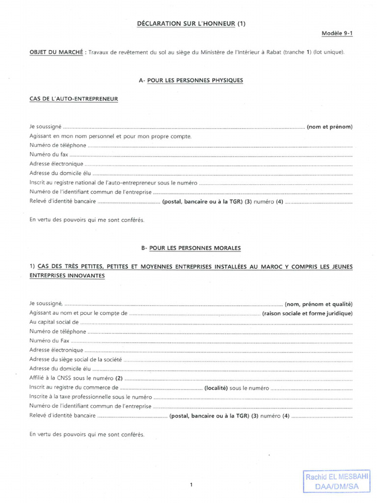 Déclaration sur l'honneur | PDF