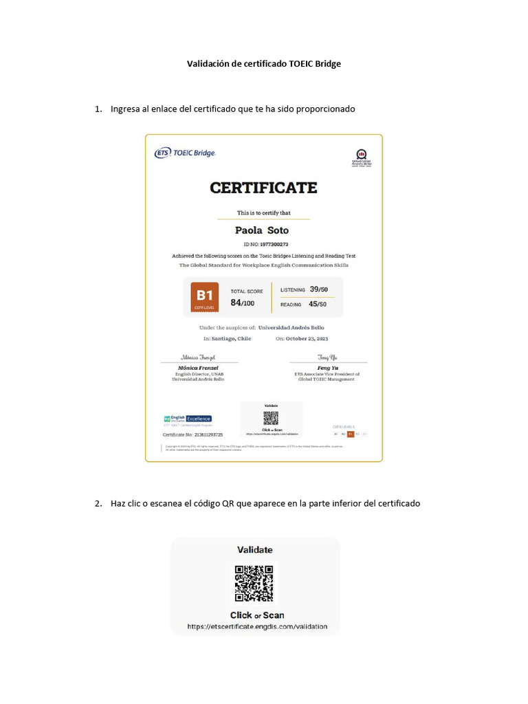 Manual de Validacion Certificado TOEIC Bridge UNAB | PDF