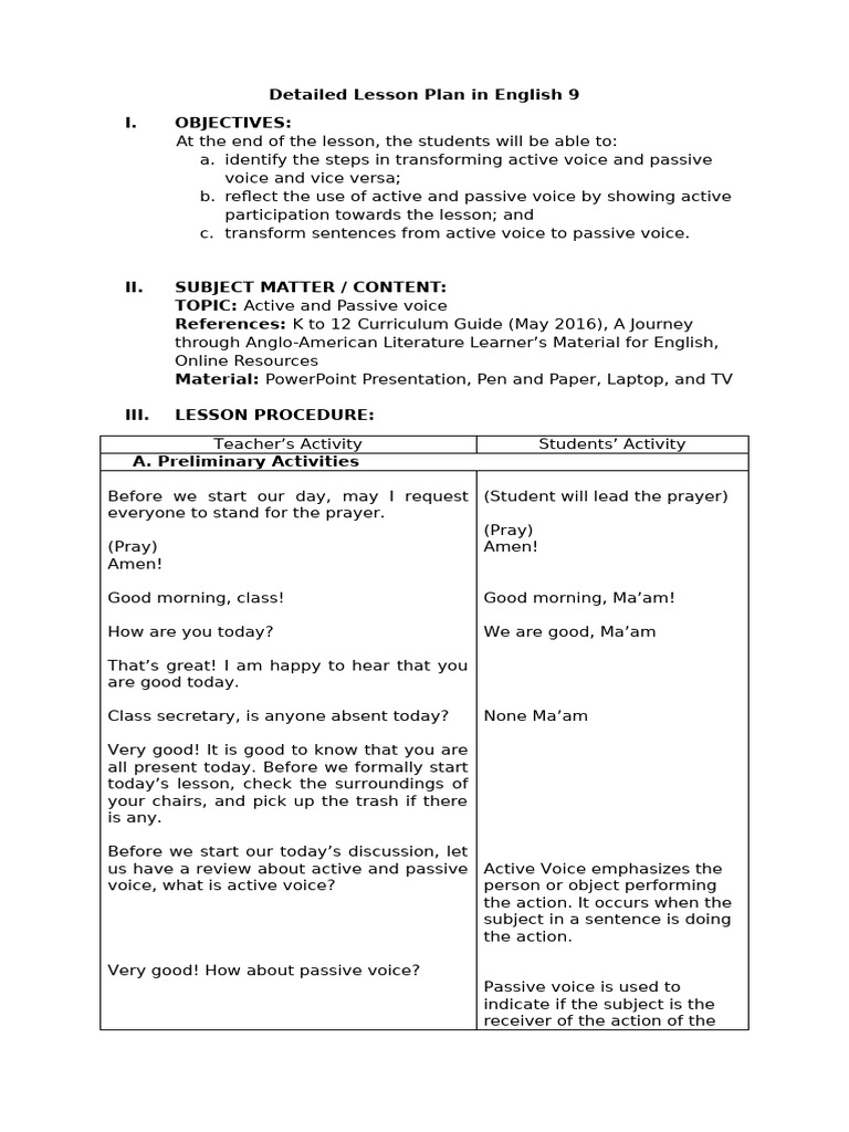 Active and Passive Voice Lesson Plan | PDF | Subject (Grammar) | Verb