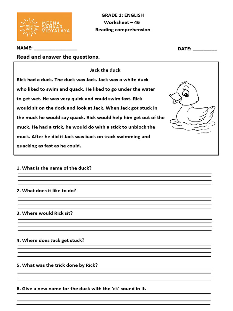 Grade 1 Reading Comprehension: Jack the Duck | PDF