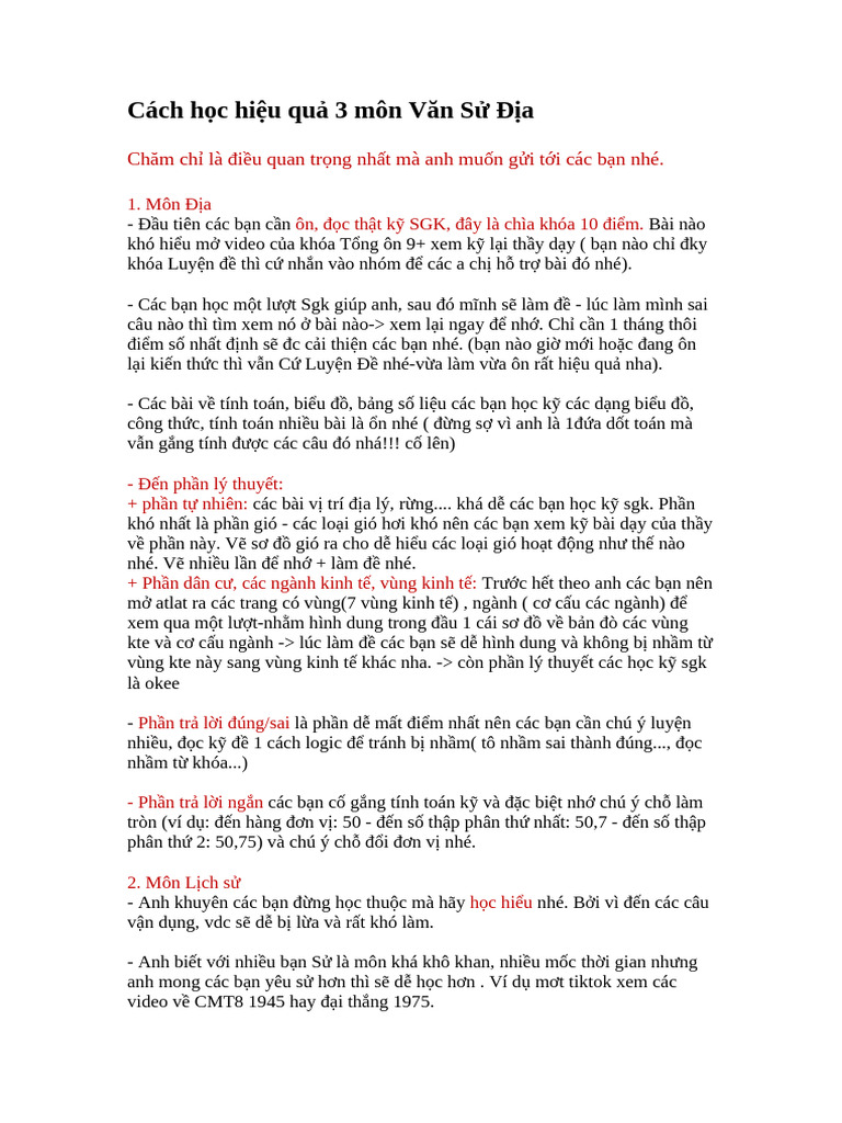 Cách học hiệu quả 3 môn Văn Sử Địa Abin | PDF