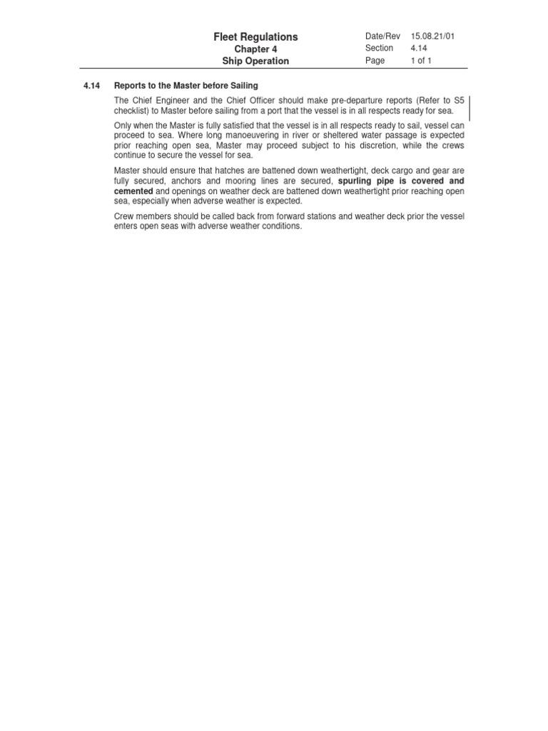 4.14 Reports To The Master Before Sailing: Fleet Regulations | PDF
