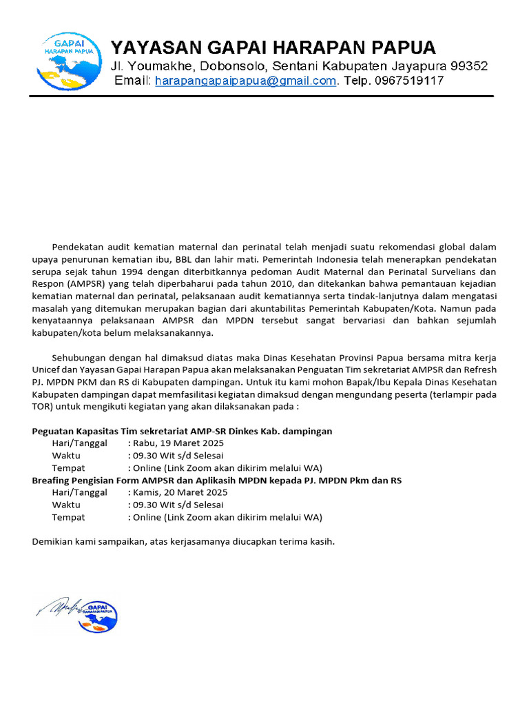 Surat Dan TOR Refresh AMPSR DInkes Dan PKM Prov Papua (130325) | PDF