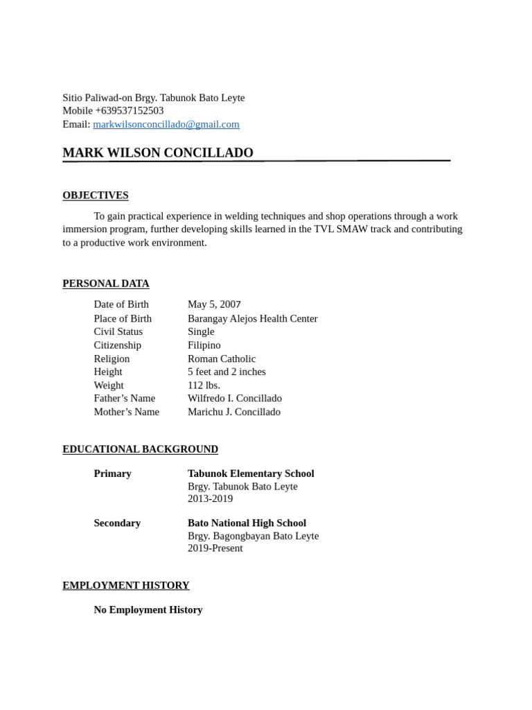 Work Immersion Application: Mark Concillado | PDF