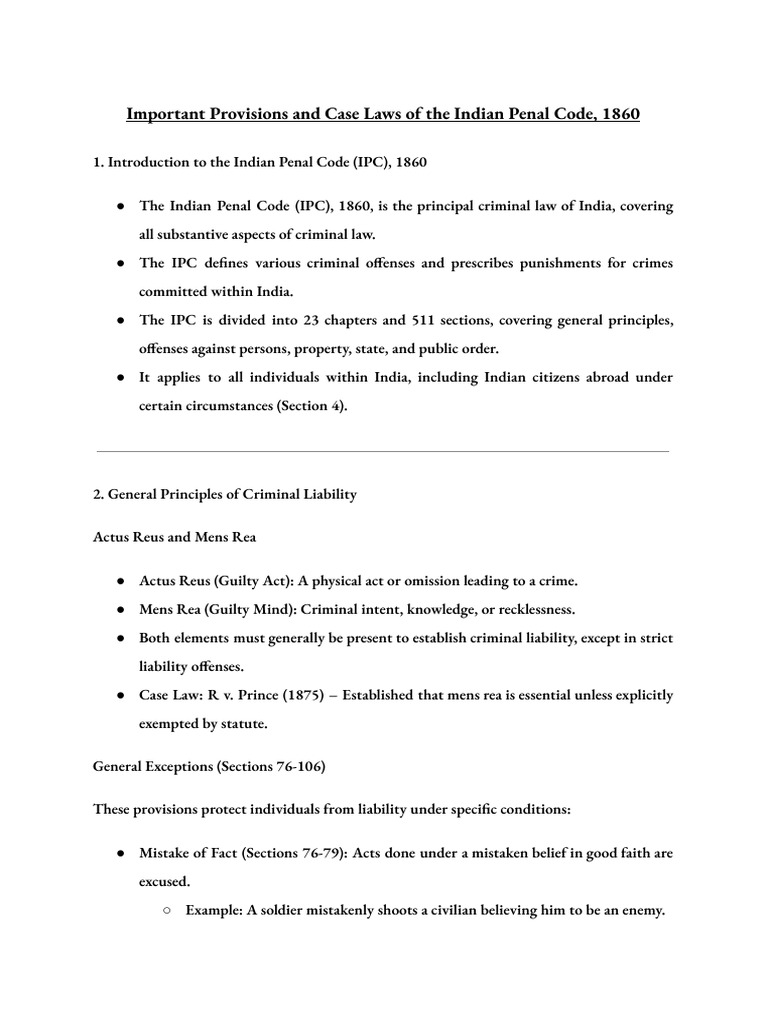 IPC 1860: Key Provisions & Case Laws | PDF | Mens Rea | Criminal Law