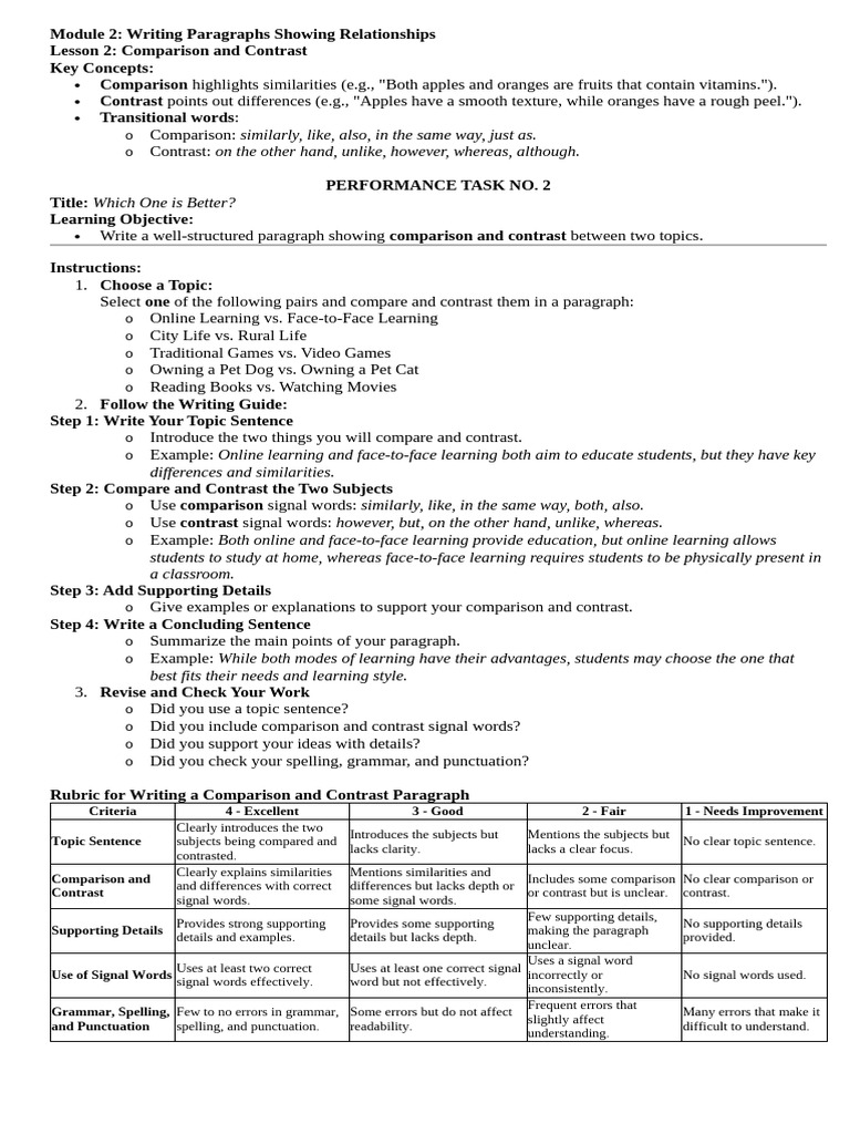 Grade 5 Comparison and Contrast Writing | PDF | Learning | Educational ...