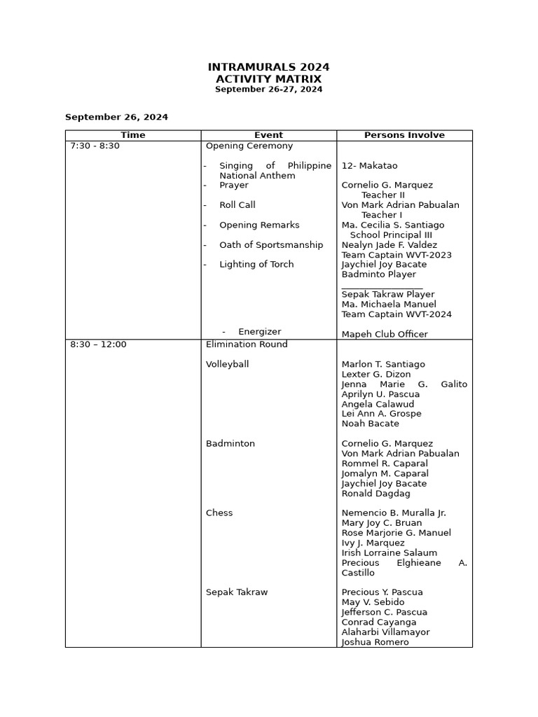 TNNHS 2 Day Intramurals Matrix of Activities 1 1 | PDF | Sports ...