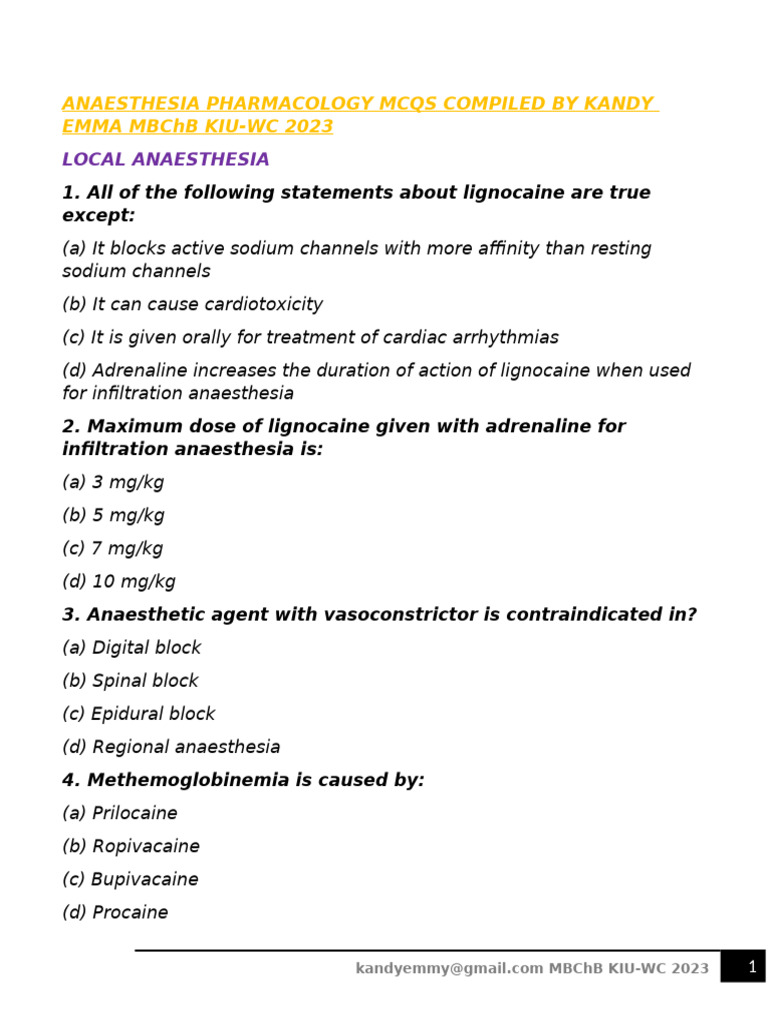 ANAESTHESIA PHARMACOLOGY MCQS COMPILED BY KANDY EMMA MBCHB KIU | PDF | Anesthesia | Drugs