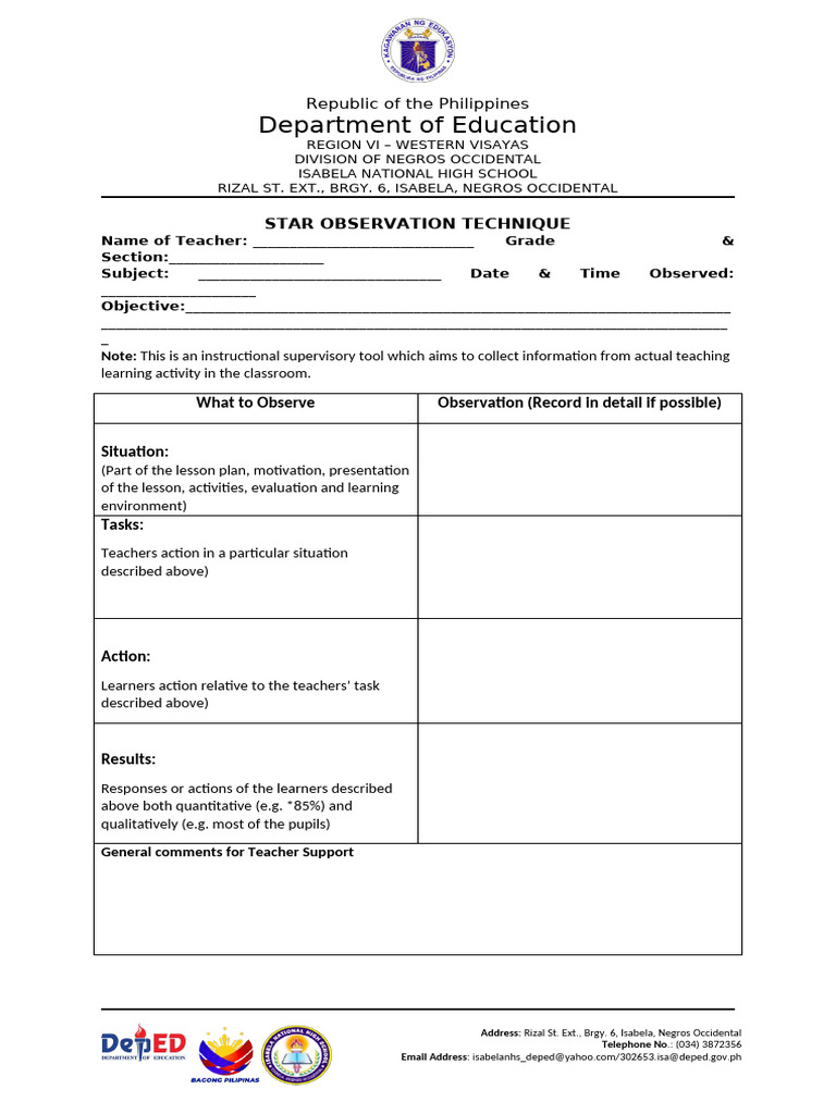 STAR-Observation-Template | PDF | Teachers | Lesson Plan
