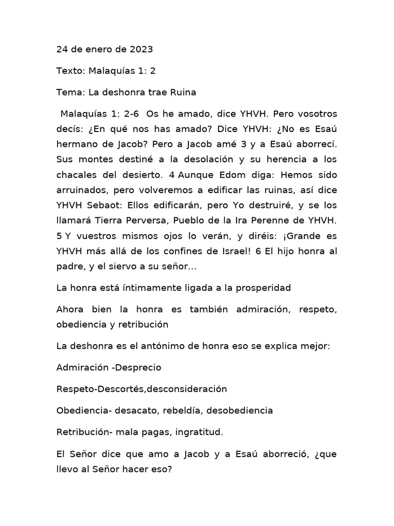 24 de Enero de 2023 Devocional La Deshonra Trae Ruina | PDF | Jacob ...