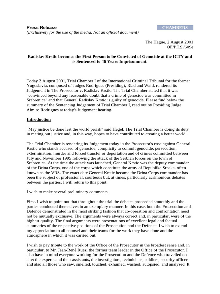 Press Release Krstic Trial Judgement Presiding Judge text | PDF ...