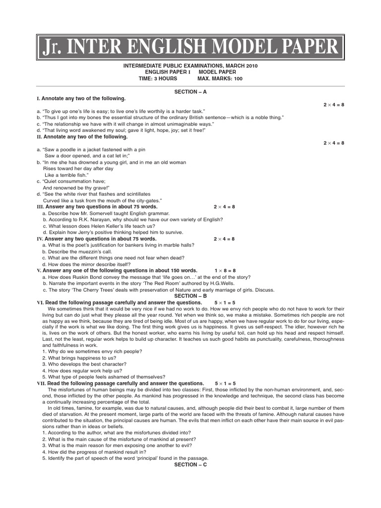 Inter 1st Year English-EM 2018 Model Paper | PDF | Grammar | Syntax