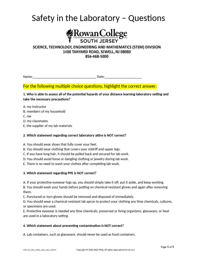 CHM A2 ONL Safety QUIZ V01a210107 | PDF | Laboratories | Hazards