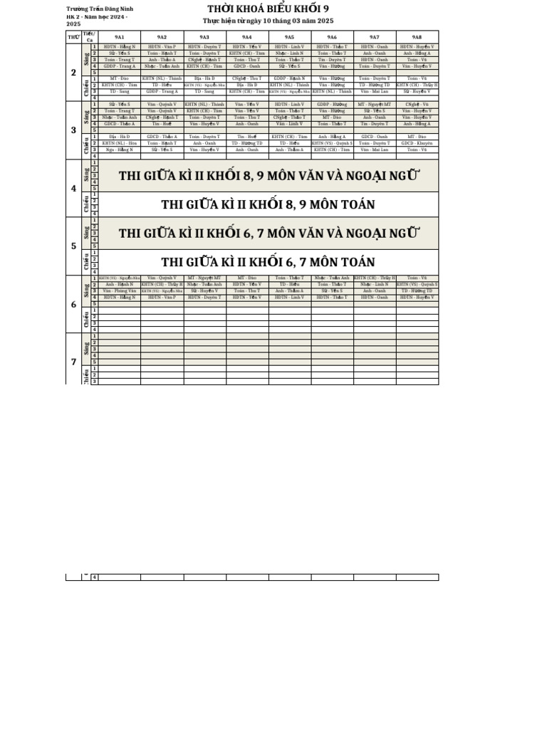 TKB K9 Tuần 25 (Từ 10-03-2025) | PDF