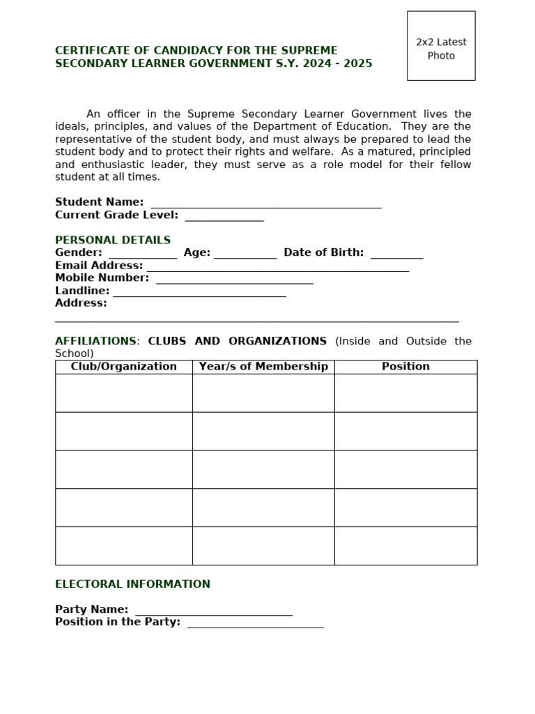 Certificate of Candidacy for SSLG 2024-2025 | PDF