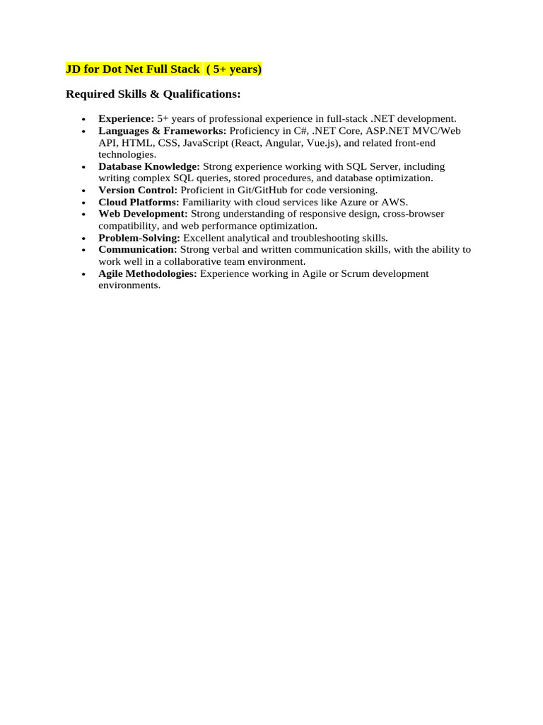 Dot Net Full Stack Developer JD 5+ Years | PDF