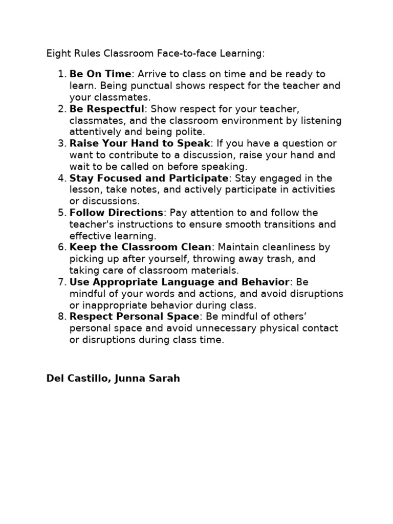 8 Face-To-Face Classroom Rules - Del Castillo | PDF