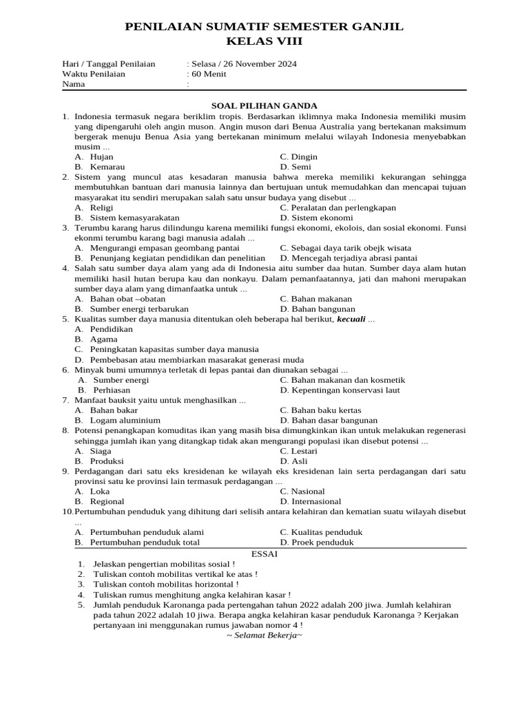 Penilaian Sumatif Semester Ganjil Kelas Viii | PDF