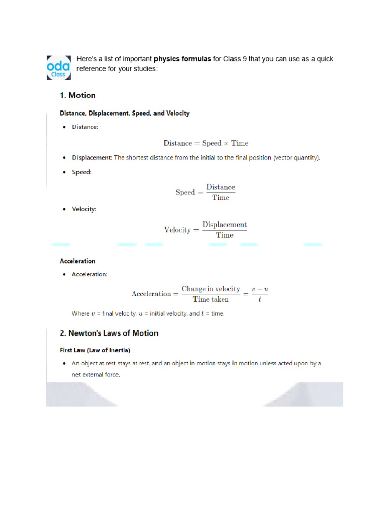 _List of important physics formulas for Class 9 (1) | PDF