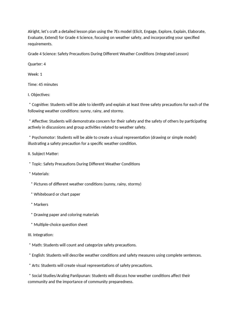 Grade 4 Weather Safety Lesson Plan | PDF | Cognitive Psychology ...