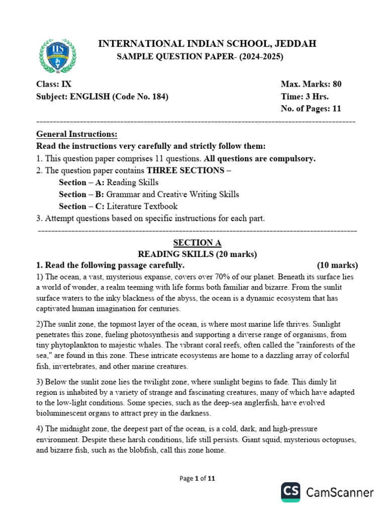 Sample Question Paper - Grade Ix | PDF | Oceans | Recession