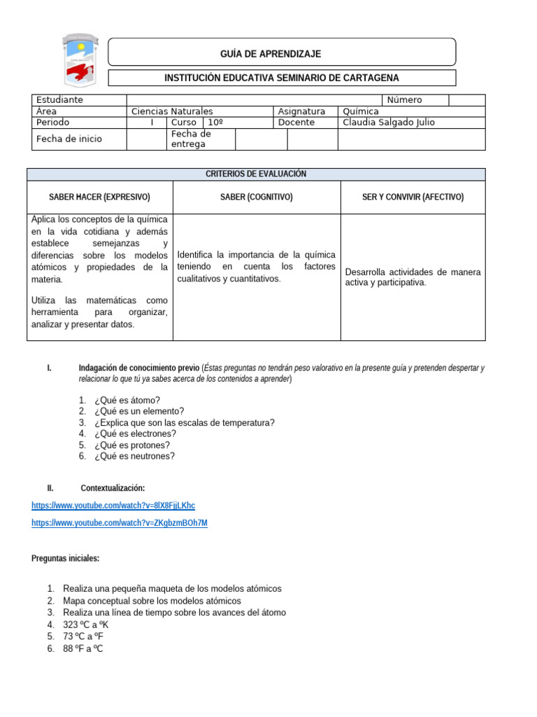 Guia de Aprendizaje de Quimica 10º Nº2 (3) | PDF | Átomos | Núcleo atómico