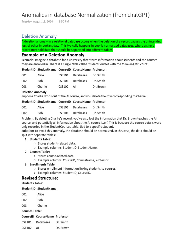 Anomalies in database Normalization (from chatGPT) | PDF | Databases | Information Science