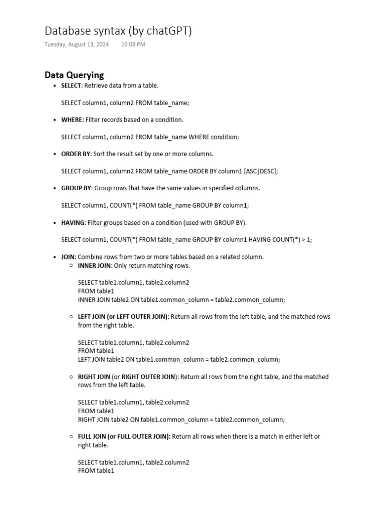 Database Syntax By Chatgpt Pdf Table Database Information 0906