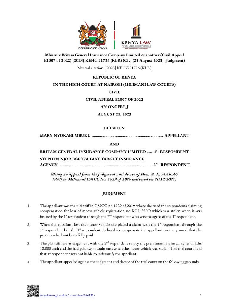 Mburu V Britam General Insurance Company Limited Another (Civil Appeal ...