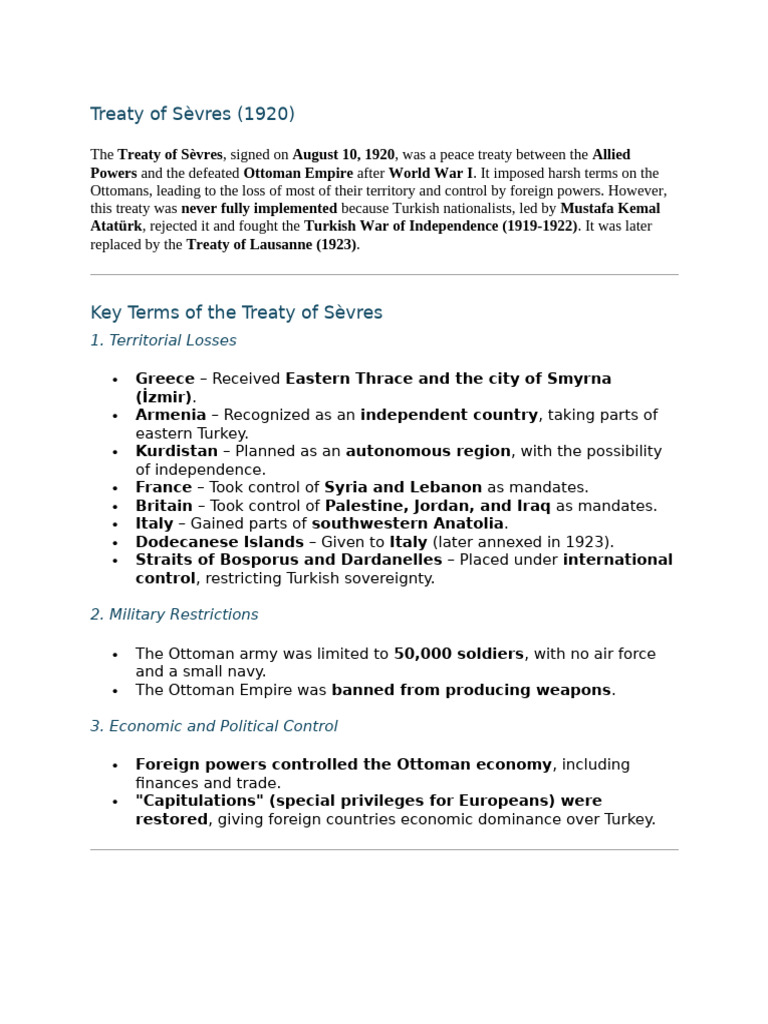 Treaty of sevres and lusanne | PDF | Turkey | Mustafa Kemal Atatürk