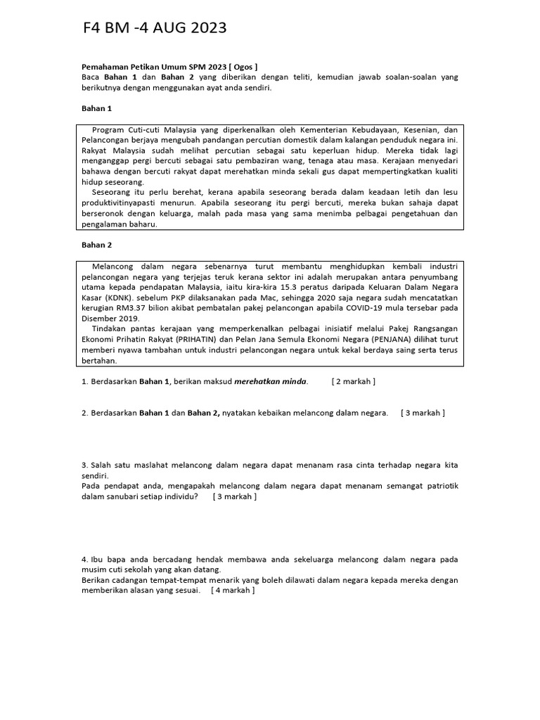 Pemahaman Petikan Umum SPM 2023 Ogos Ting4 | PDF