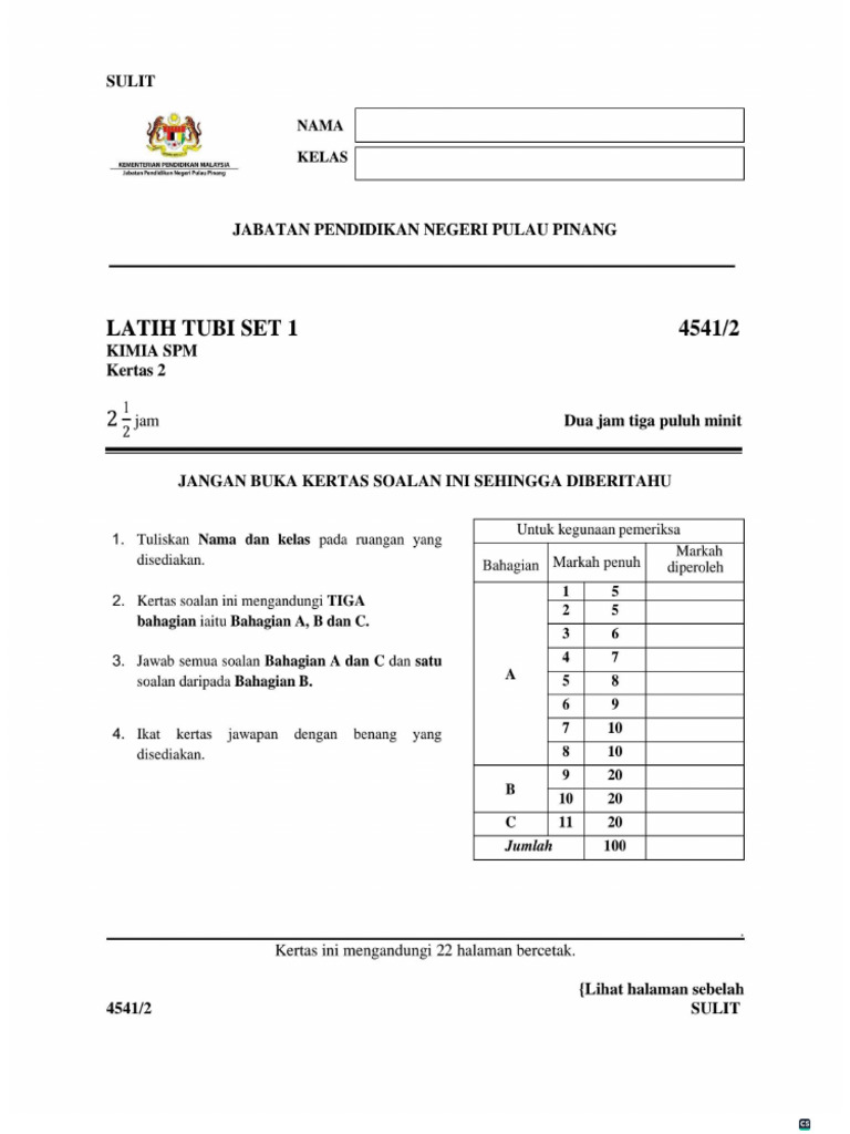 2022 Penang Chemistry K2 Set - 1 | PDF