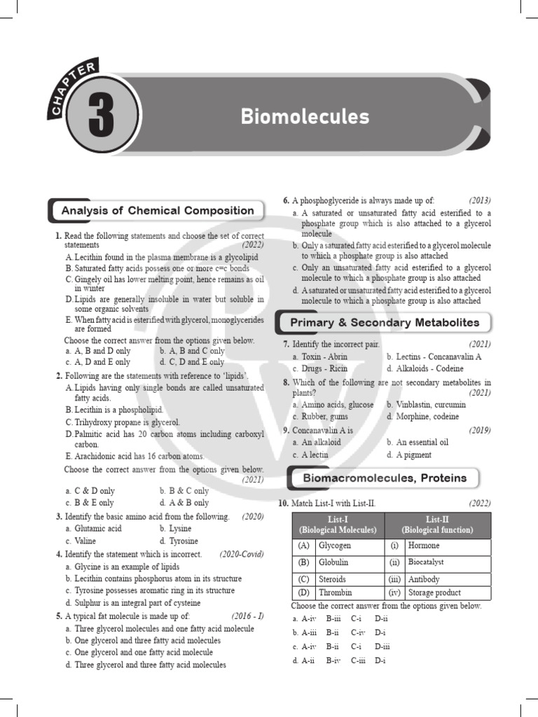 Biomolecules - PYQs - Arjuna NEET 2025 | PDF | Enzyme | Cofactor (Biochemistry)