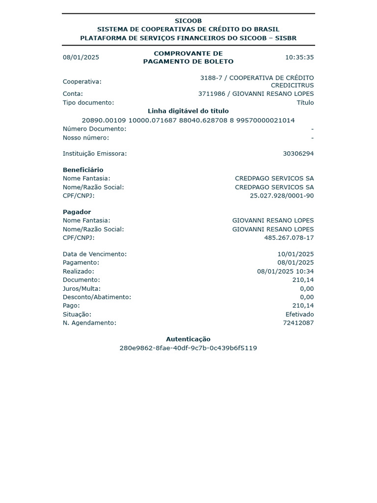 Sicoob Comprovante (08-01-2025 10-35-38) | PDF