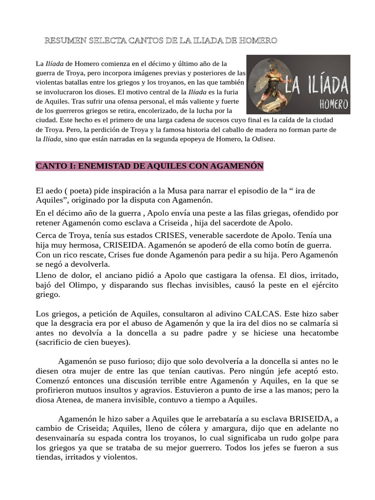 Resumen Cantos de La Ilíada 2024-25 | PDF | Héctor | Aquiles