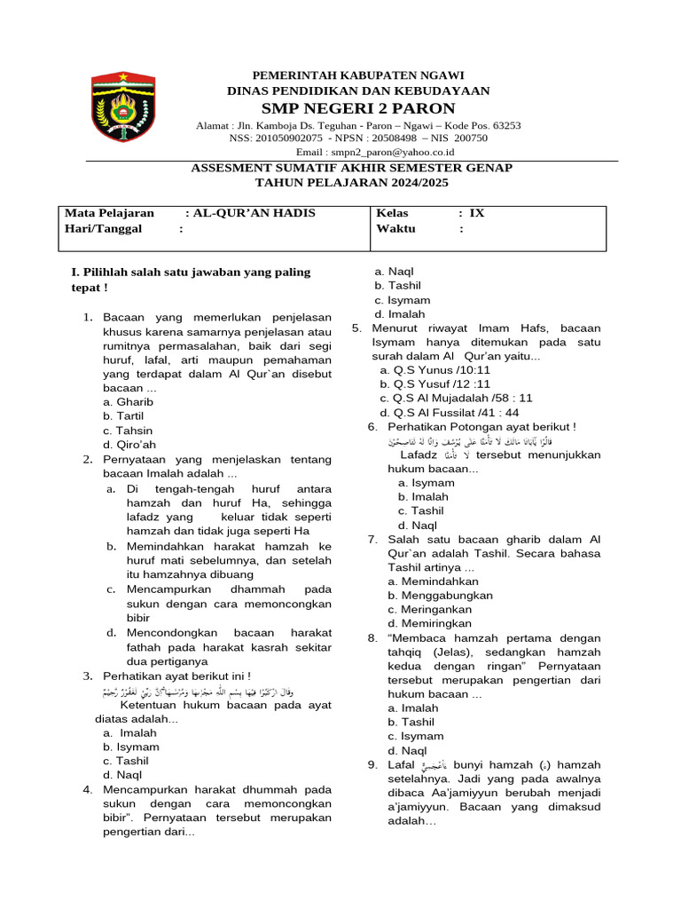 Soal Asas QH Kelas 9 2024 2025 | PDF