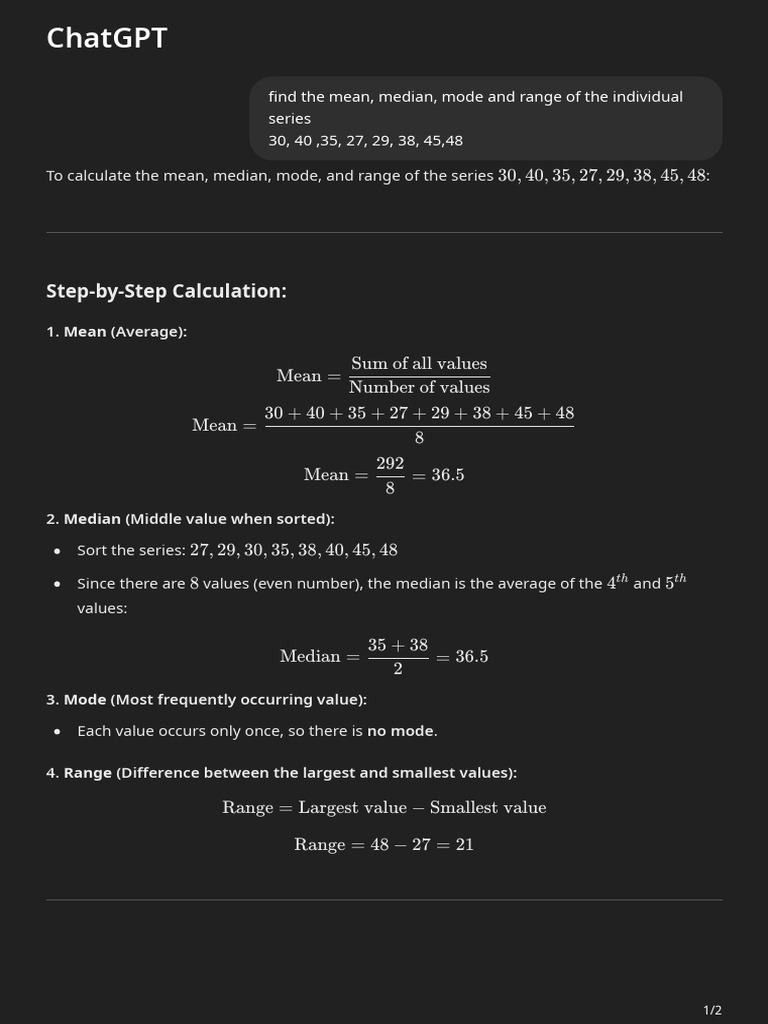 Mean, Median, Mode, and Range Calculations | PDF