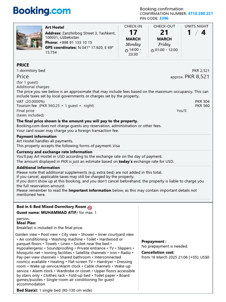 Atif Booking - Com - Confirmation | PDF | Fee | Payments