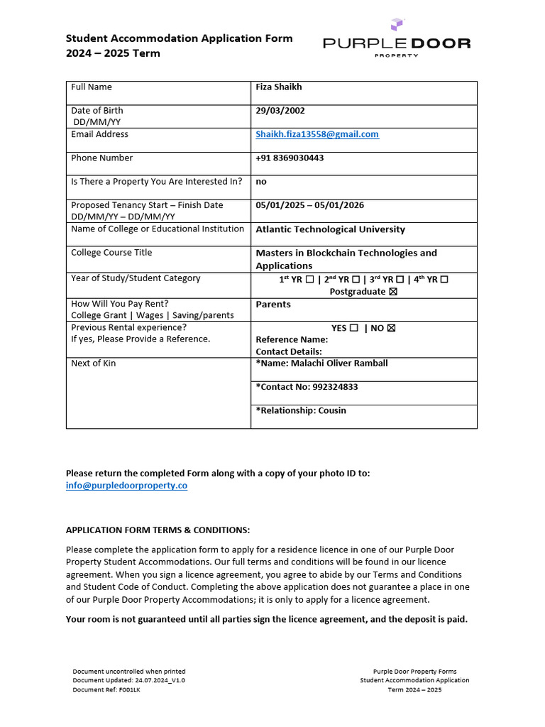F001LK - Student Accommodation Application Form - V1.0 | PDF