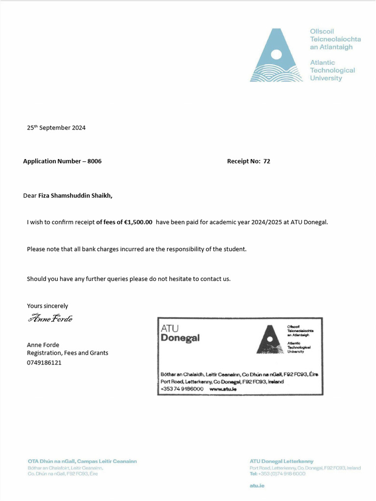 Confirmation of Fee Payment for Fiza Shaikh | PDF