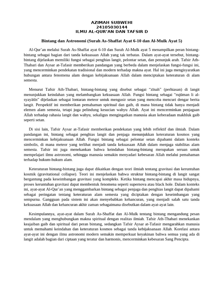 Azimah Subwehi Bintang Dan Astronomi Dalam Al-Qur'an (Surah As-Shaffat ...