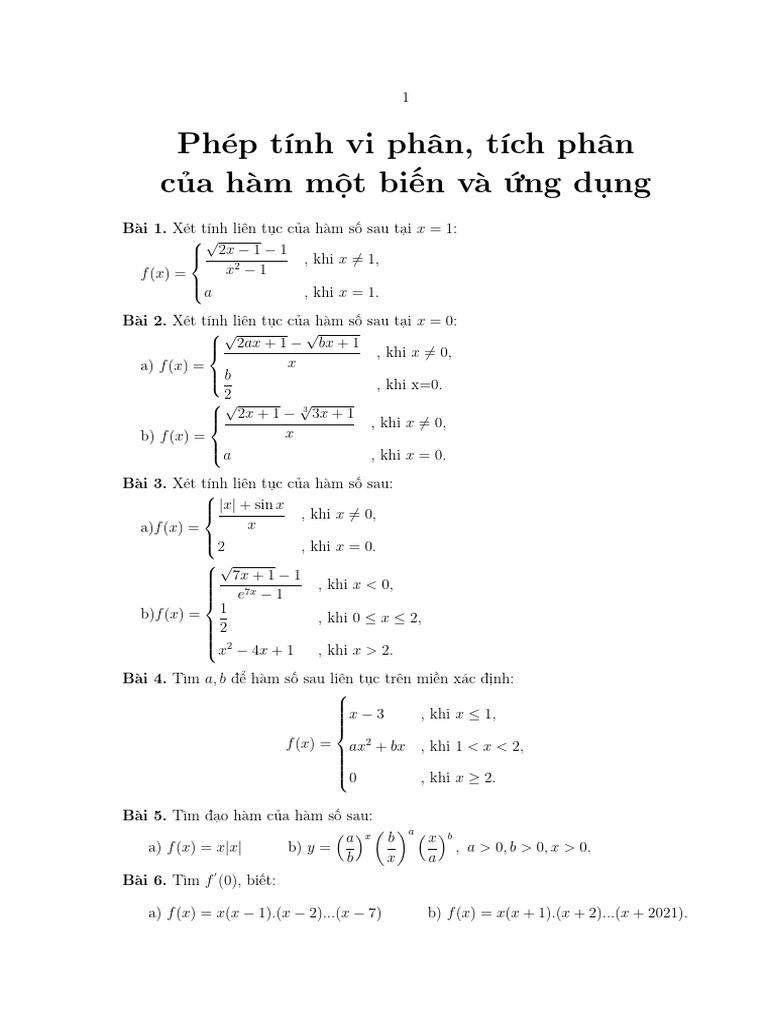 Phép tính vi phân, tích phân của hàm một biến và ứng dụng: x x x x, a x - x ax bx x x, b x x x x ...