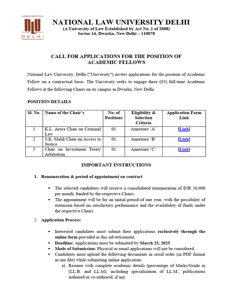 Call For Application Academic Fellow Chair | PDF | Arbitration | Treaty