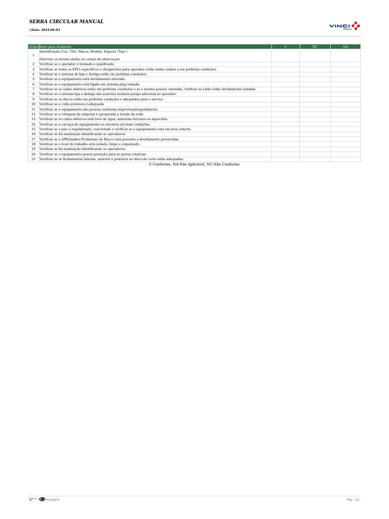 Checklist - SERRA CIRCULAR MANUAL | PDF