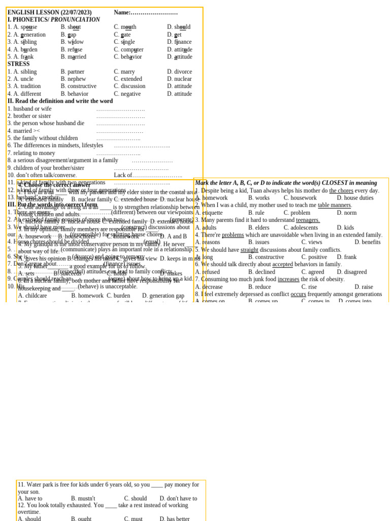 Vocab + Grammar U1 - Generation Gap - Low Level | PDF | Marriage | Social Institutions