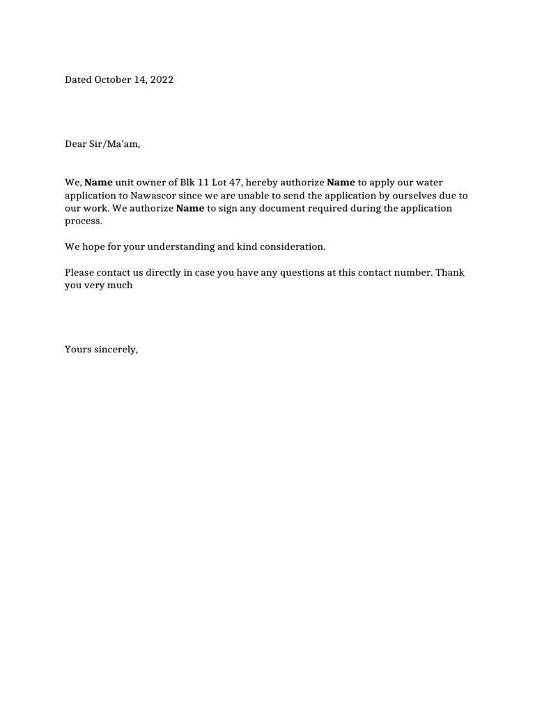 Authorization Letter for Water Application | PDF